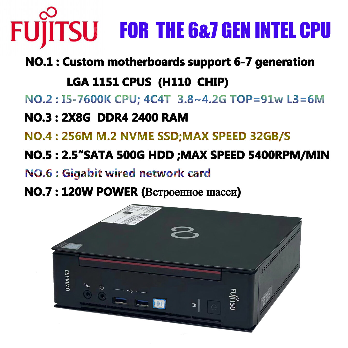 FUJITSU Esprimo Q556/R (H110+CORE i5-7600K CPU+2x8 г DDR4 2400 Оперативная память + 256 г M. 2 NVME SSD + 500 г HDD) lga 1151 мини ПК intel