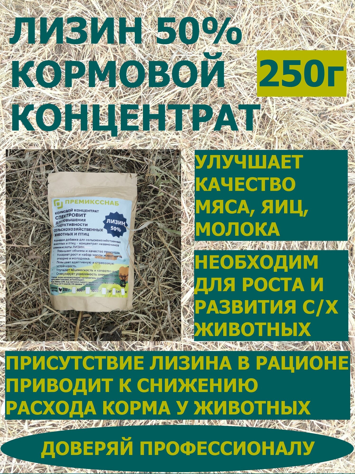 Лизин 50% кормовой концентрат для повышения продуктивности с/х животных и птиц ПремиксСнаб 250г