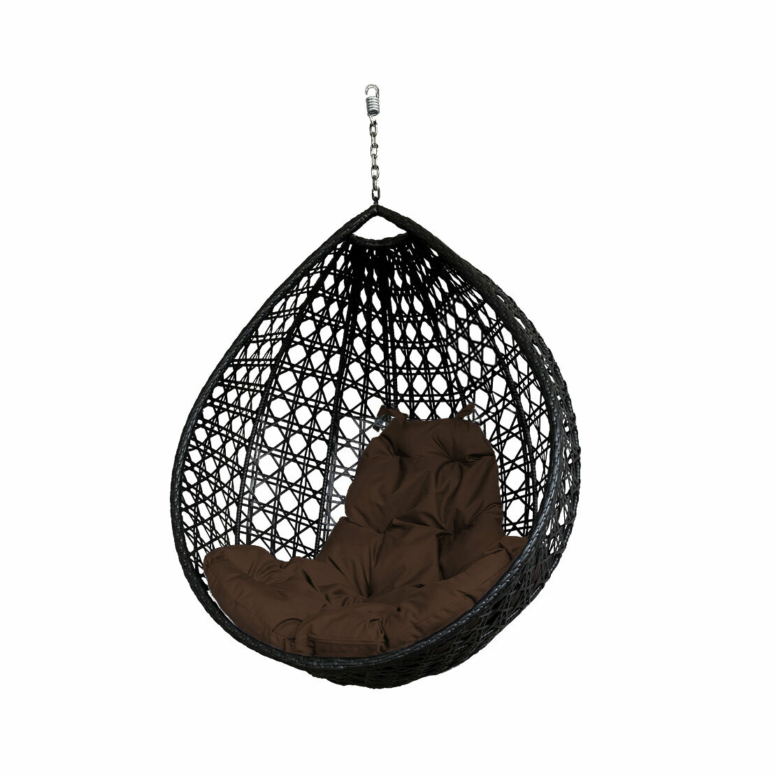 Подвесное кресло капля люкс (без стойки), с ротангом черное, коричневая подушка