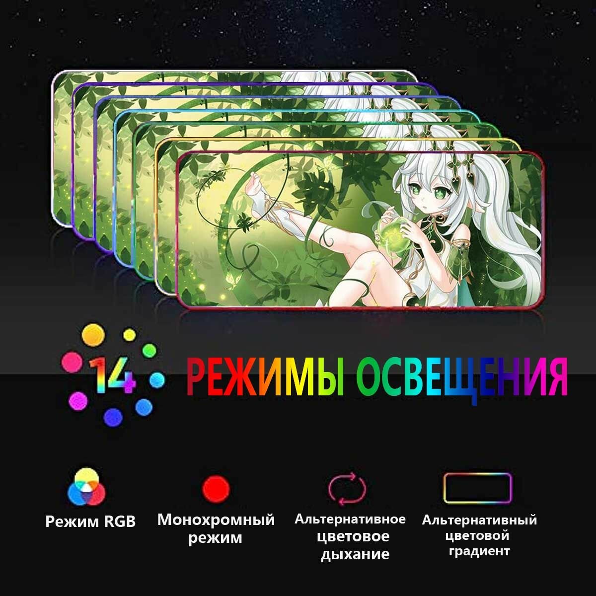 Genshin Impact - Nahida Игровой коврик для мыши Светящийся коврик для мыши, XXL, Толщина 4 мм