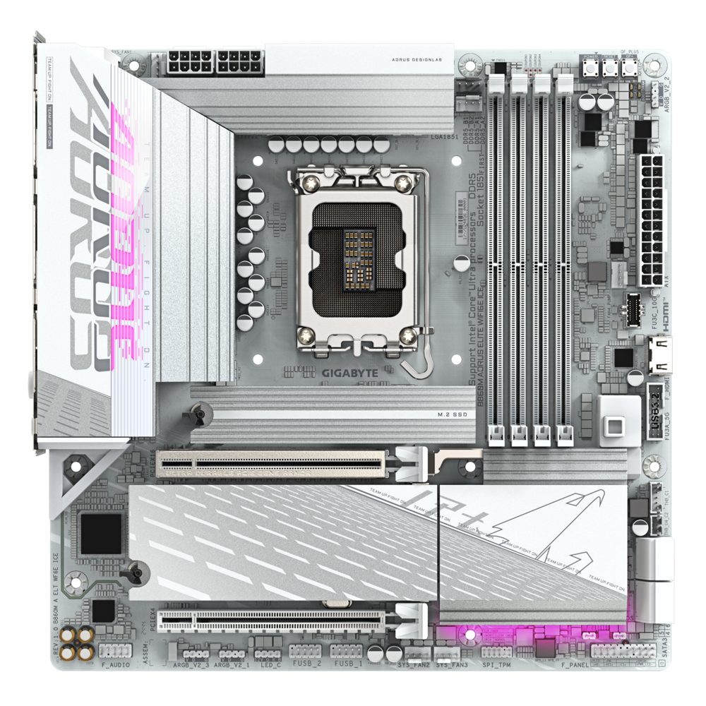 GIGABYTE Материнская плата Socket1851 GIGABYTE B860M AORUS ELITE WIFI6E ICE (iB860, 4xDDR5, M.2, SATA III, RAID, 2xPCI-E, HDMI, DP, 2.5Гбит LAN, WiFi, BT, USB3.2, USB4(DP), mATX) (ret)