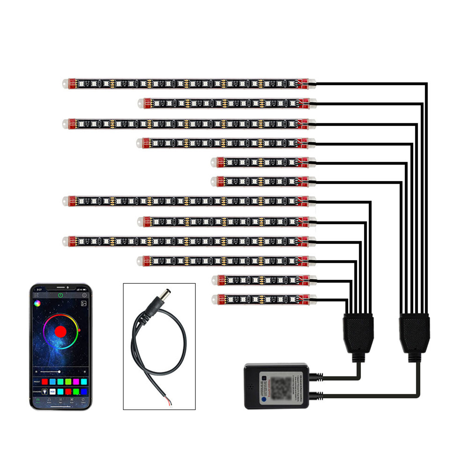 Комплект из 12 светодиодных фар для мотоцикла, разноцветные светодиодные ленты с управлением через приложение, водонепроницаемость IP65, регулировка яркости, подключение по Bluetooth 5.0, синхронизация с музыкой.