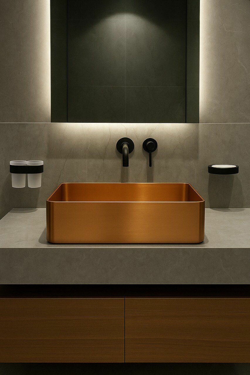 Раковина в ванную накладная на столешницу из нержавеющей стали, матовая медь
