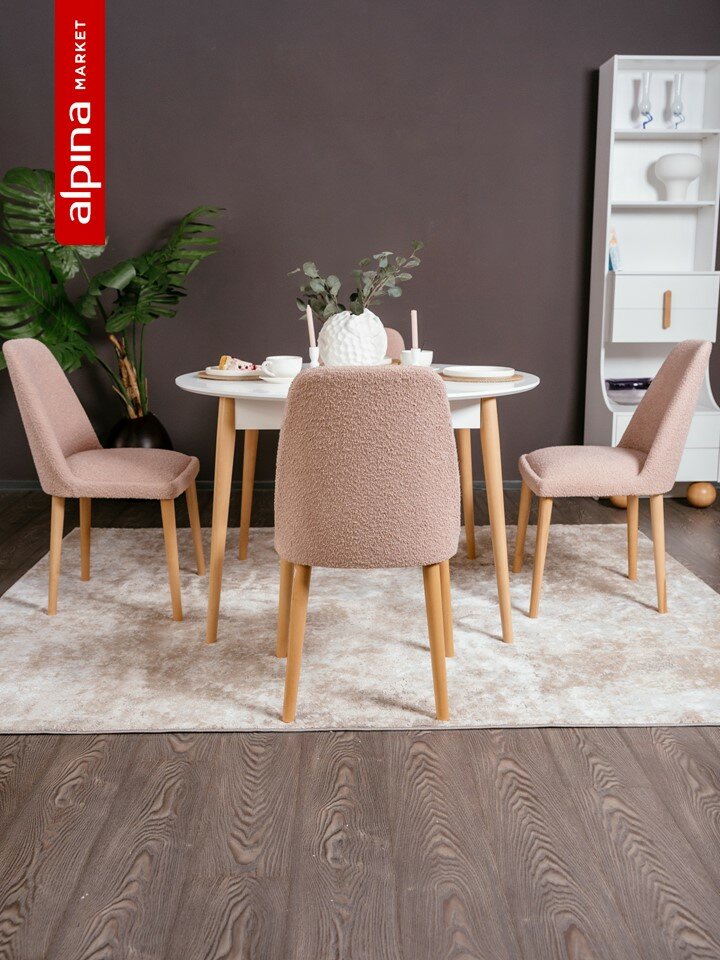 Стол SEDUM D120/153см + стул SEDUM 4шт (массив дерева, эмаль белая, букле букле пыльно-розовый) обеденная группа