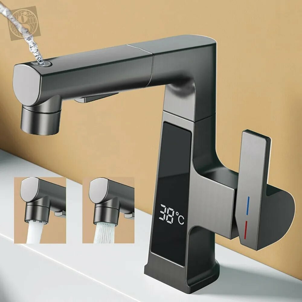 Смеситель для раковины SKVNO, горячей и холодной воды, цифровой дисплей, с выдвижным шлангом, многофункциональный,