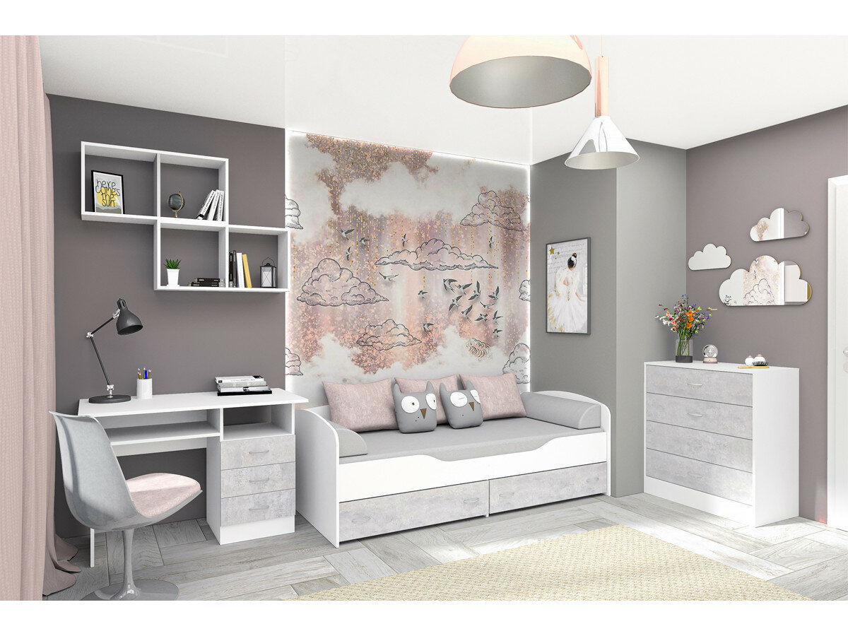 Детская комната ЛДСП (800х1900), набор 4, Белый/Цемент светлый
