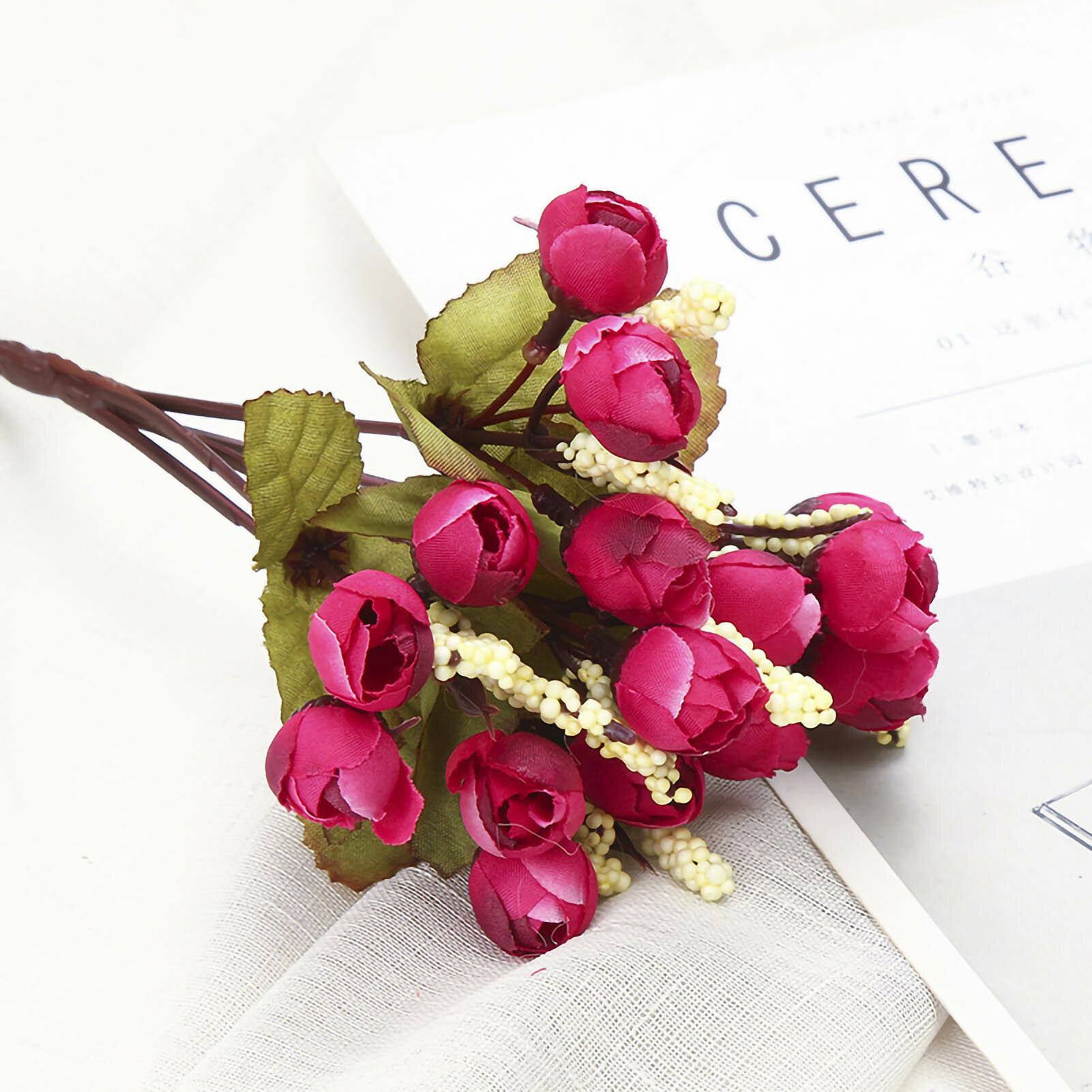 Artificial Fake Flower Mini Rose Tea Bud Simulation Pearl for Living Room Arrangement Decoration Wine Red