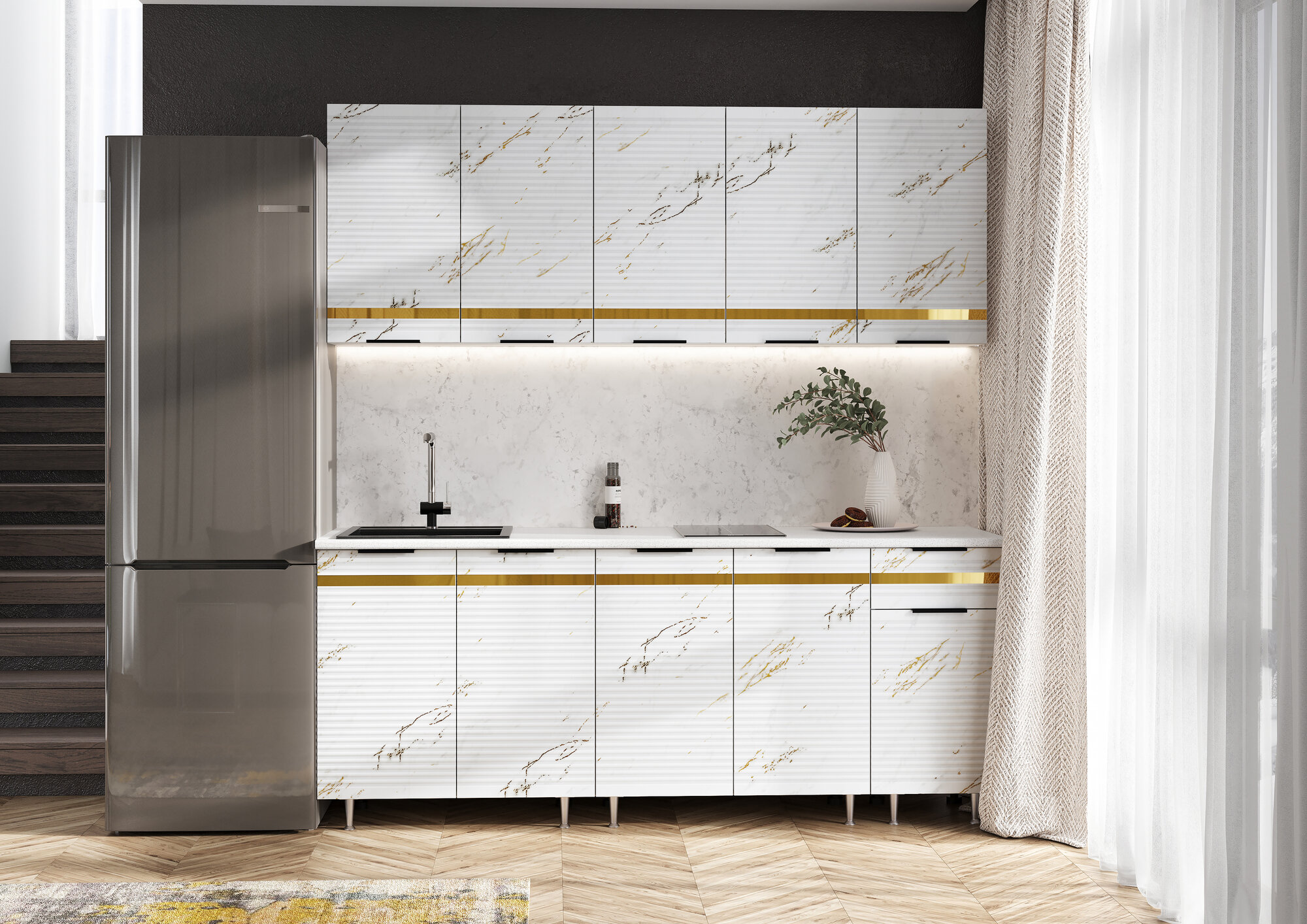 Кухня 2 метра прямая Миф Милена 2,0м (490) Мрамор золото / столешница Антарес