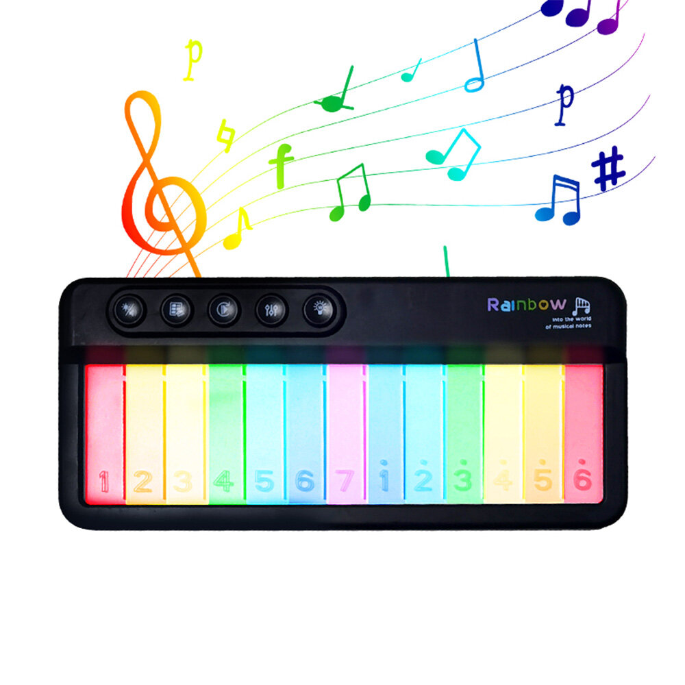 13 Key Musical Instrument Piano Keyboard Colorful Light Music Box Portable Small Piano with Lighting Gift for Beginners Adjustable Sound and Light Black White ABS 3 AAA Battery 5 Types Piano Xylophone Saxophone Guitar Jazz Drum 3 LED Display Modes
