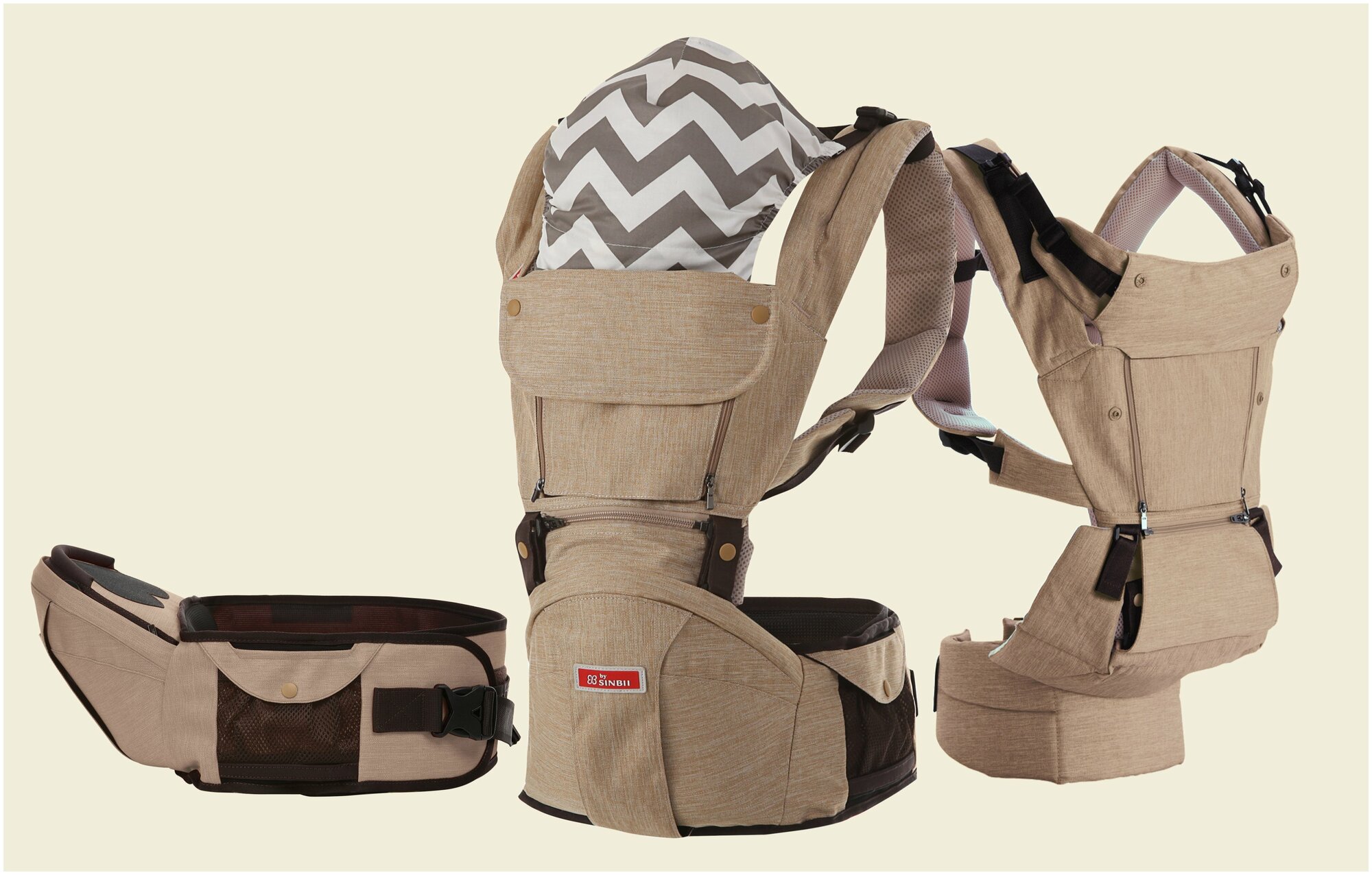 Эргорюкзак + хипсит на двух лямках Sinbii Premium Hipseat S-Fit Set. Бежевый