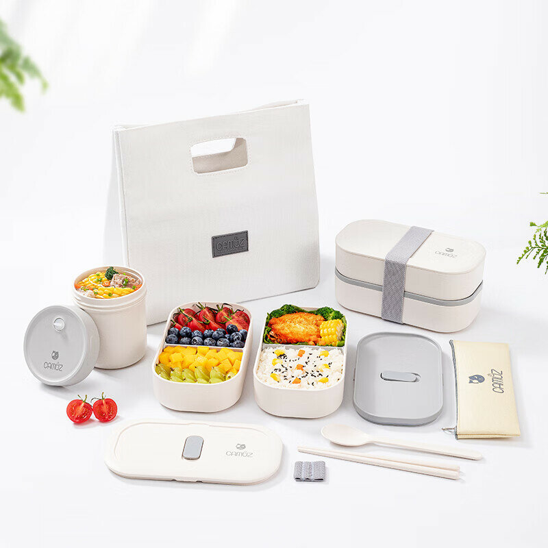 CAMUZ Double-Layer Lunch Box, Office Worker Bento Box, Microwave-Safe, Divided Japanese-Style Meal Container, White Set