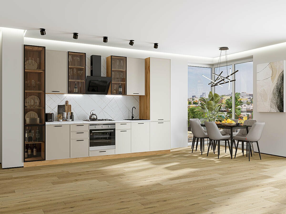 Кухня Фрейм-06, цвет фасада Cream Silk, цвет каркаса Дуб Вотан, 2340*3400*600 мм