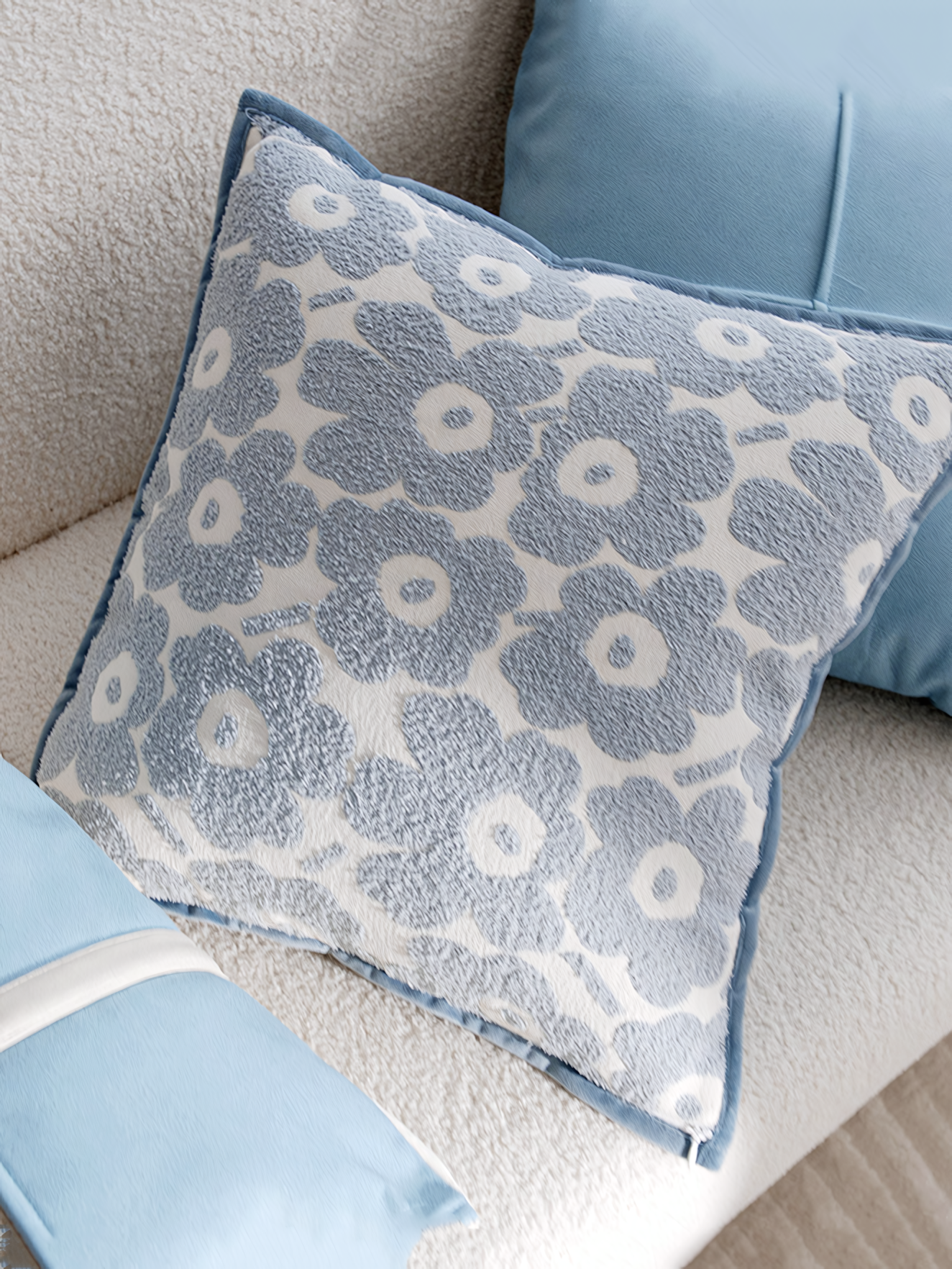 Декоративная подушка, квадратная, белый/голубой, цветы с кантом, 45х45 см