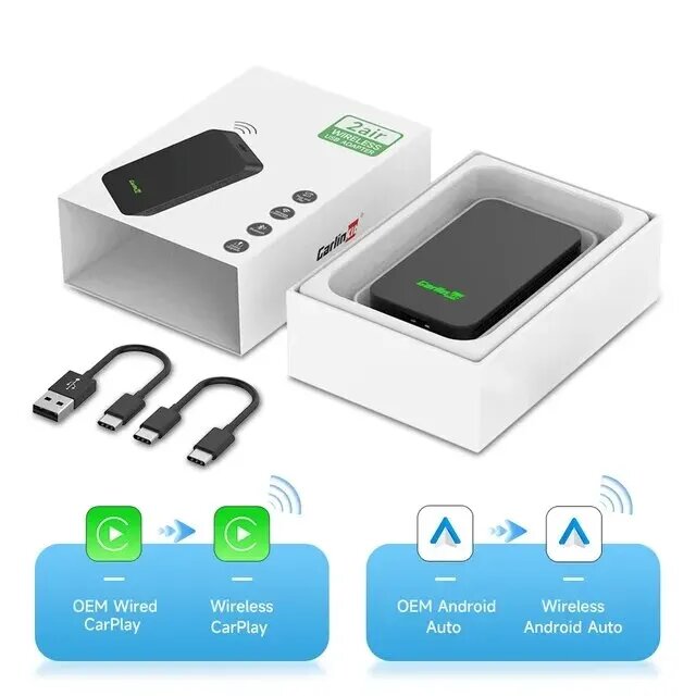 Беспроводной автомобильный адаптер CarlinKit 5.0 & Mini5 Pro CarPlay Android 2-в-1 CP2A Plus Smart Adapter, поддерживает Bluetooth 4.2, Spotify и обновления карт по беспроводной сети (FOTA).