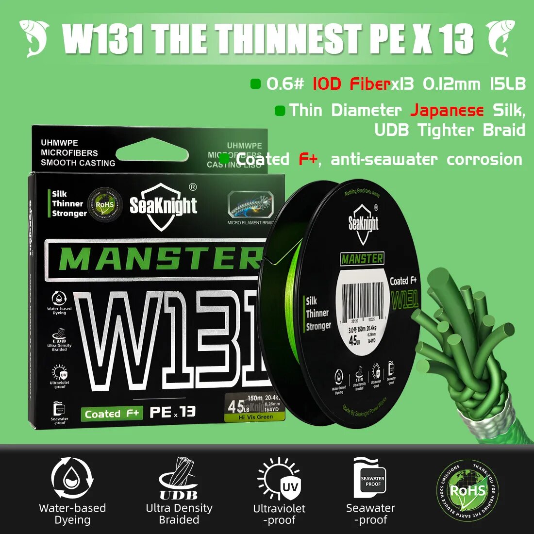 SeaKnight W131 серия ультрагладкая плетенная рыболовная леска 0,12 мм 150М 0.8-17LB 0.14mm 15D