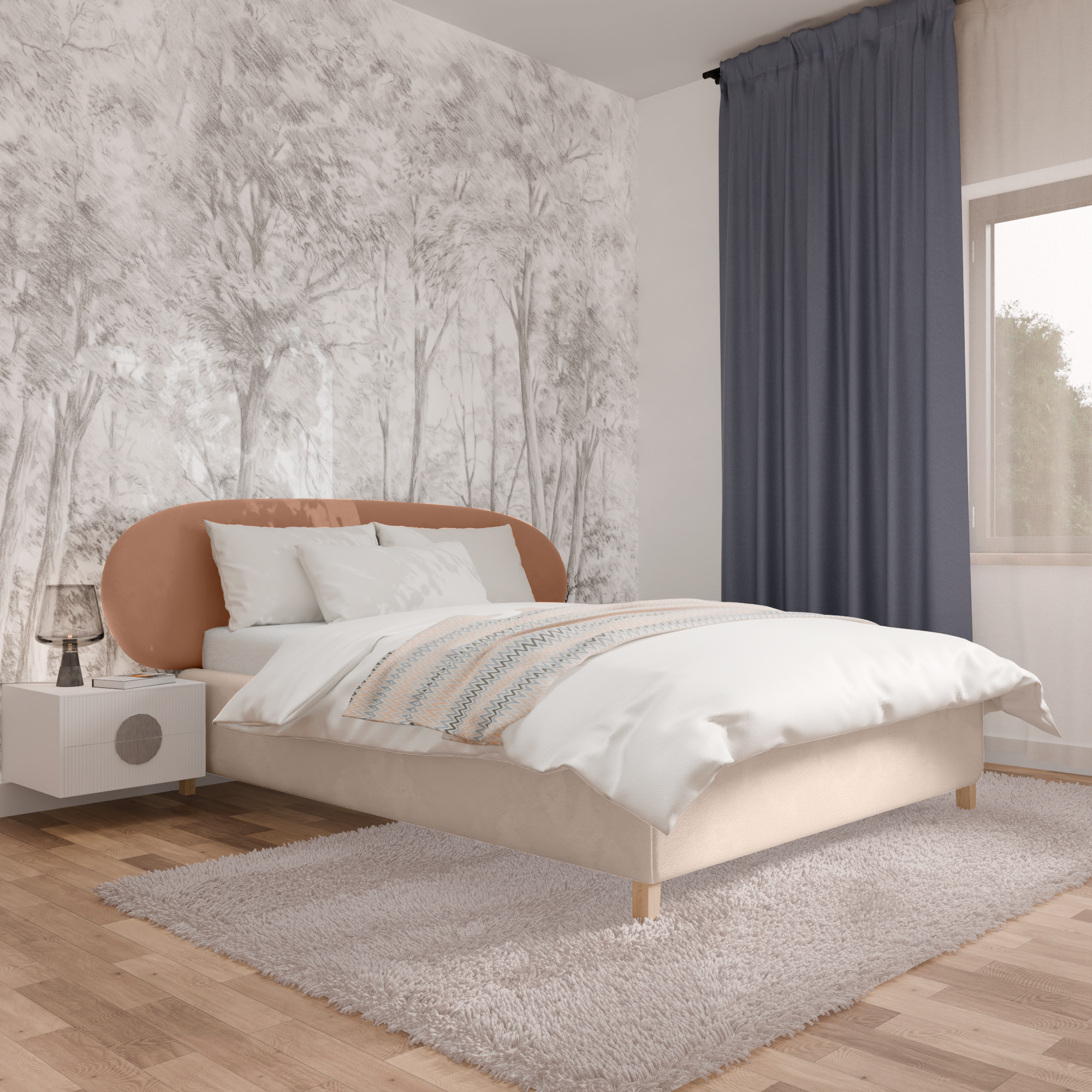 Кровать двуспальная Эллипс с подъемным механизмом 160х200, с ножками, с ящиком, бежевый/молочный