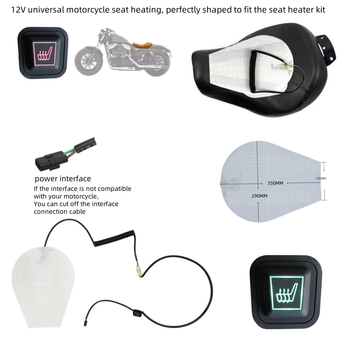 Аксессуары для мотоциклов, 12 В, волокно, мотоциклетное сиденье, термозимний коврик с подогревом, водонепроницаемая кнопка переключения, подушки с подогревом сиденья