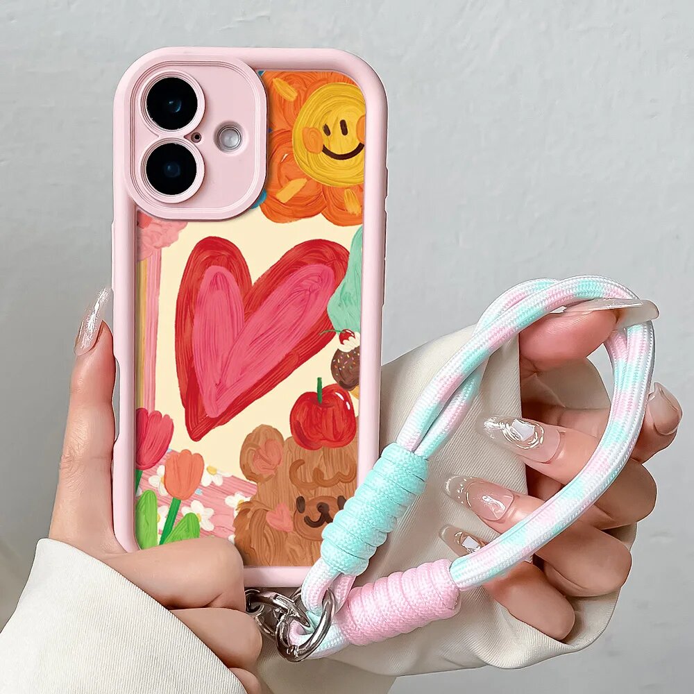 Чехол с цепочкой Love Heart для iPhone 16 16E 15 14 13 12 11 17 Pro MAX XS Айфон XR, BGK23-PinkSS