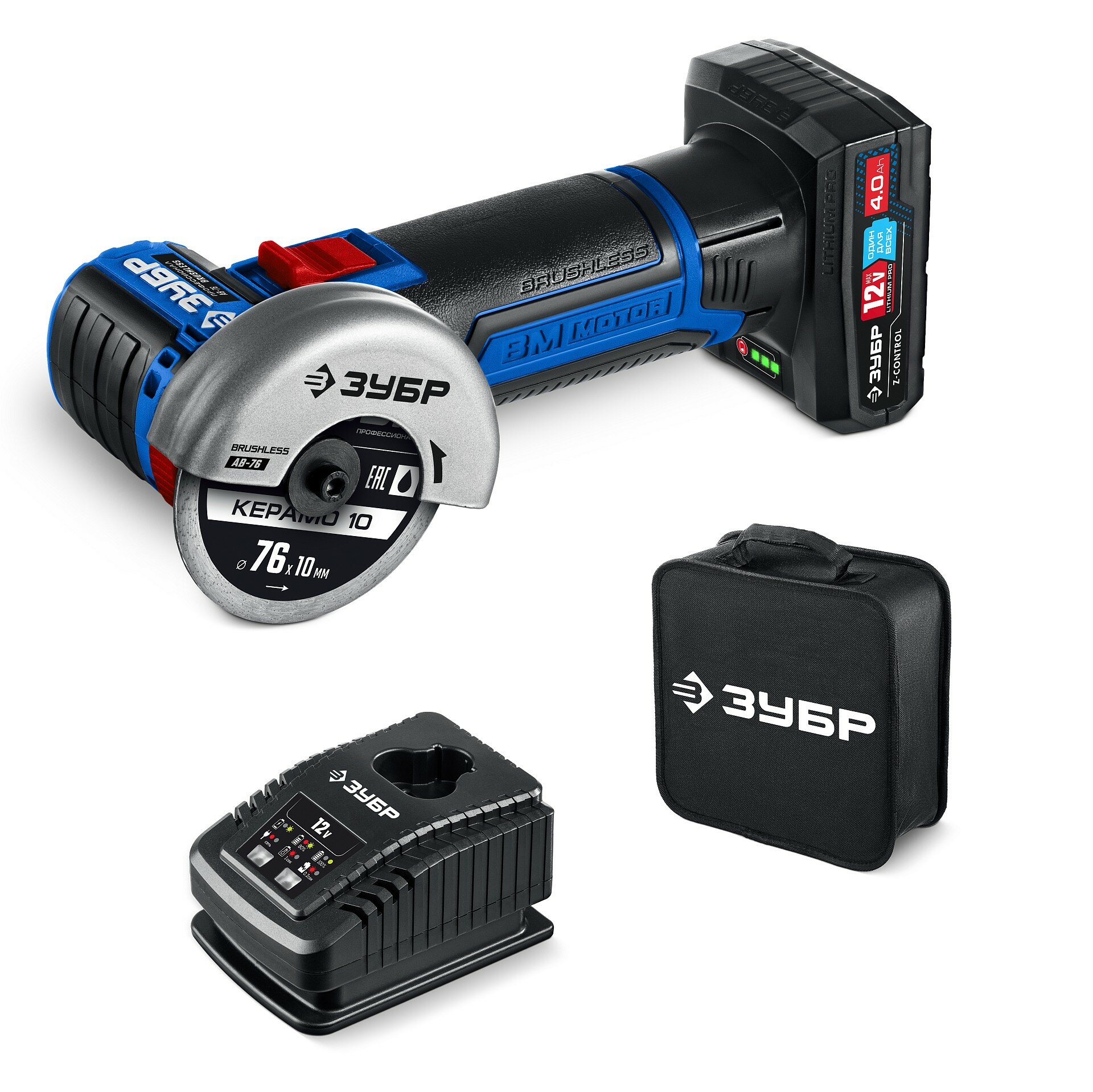ЗУБР 12 В, D76 мм, 1 АКБ тип Т7 (4 А·ч), бесщеточная УШМ, сумка, Профессионал (AB-76-41)