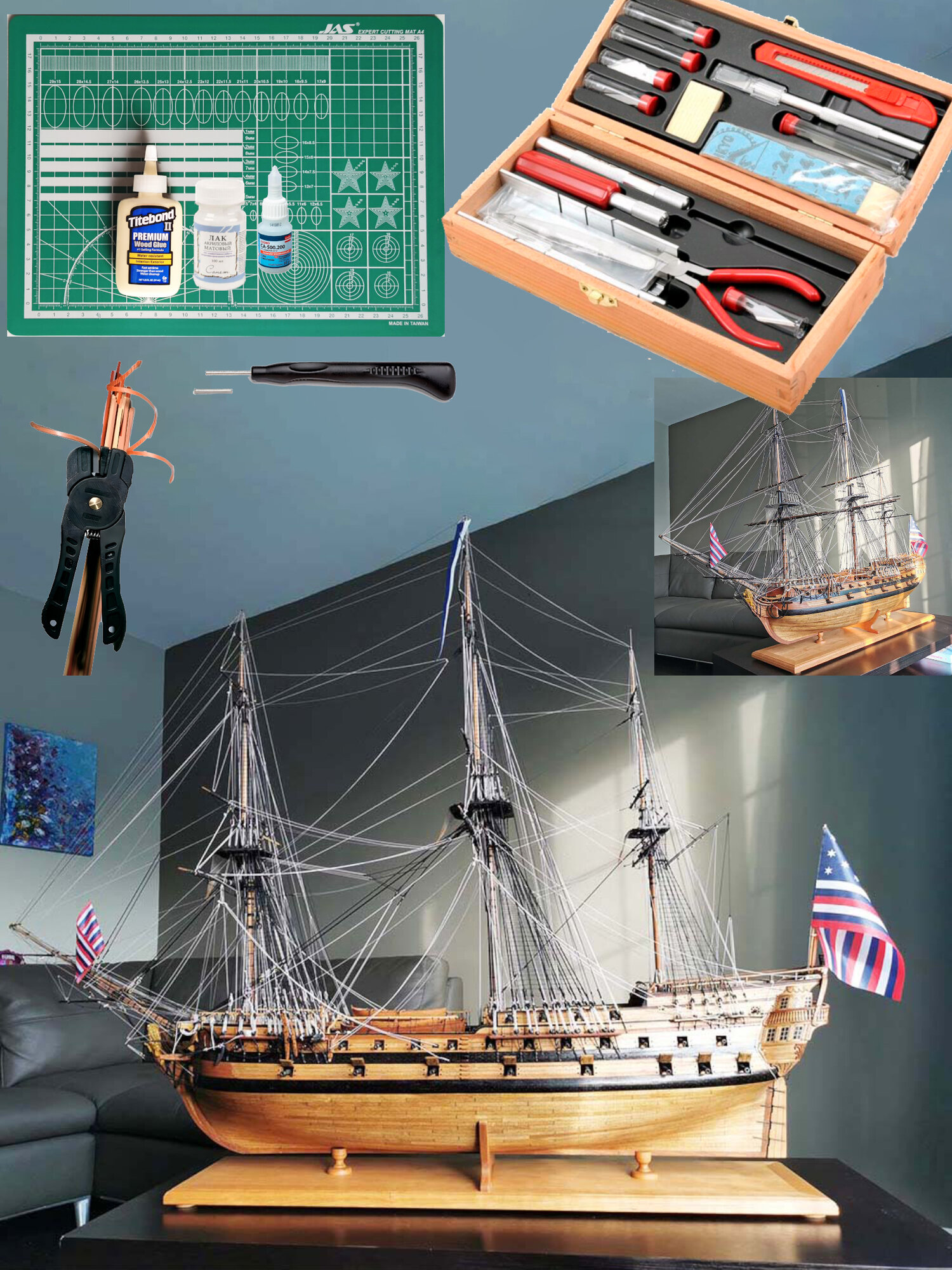 Фрегат Bonhomme Richard, самшит, модель корабля, 1468х1123х500 мм, подарочный набор с инструментами, лаком и клеями