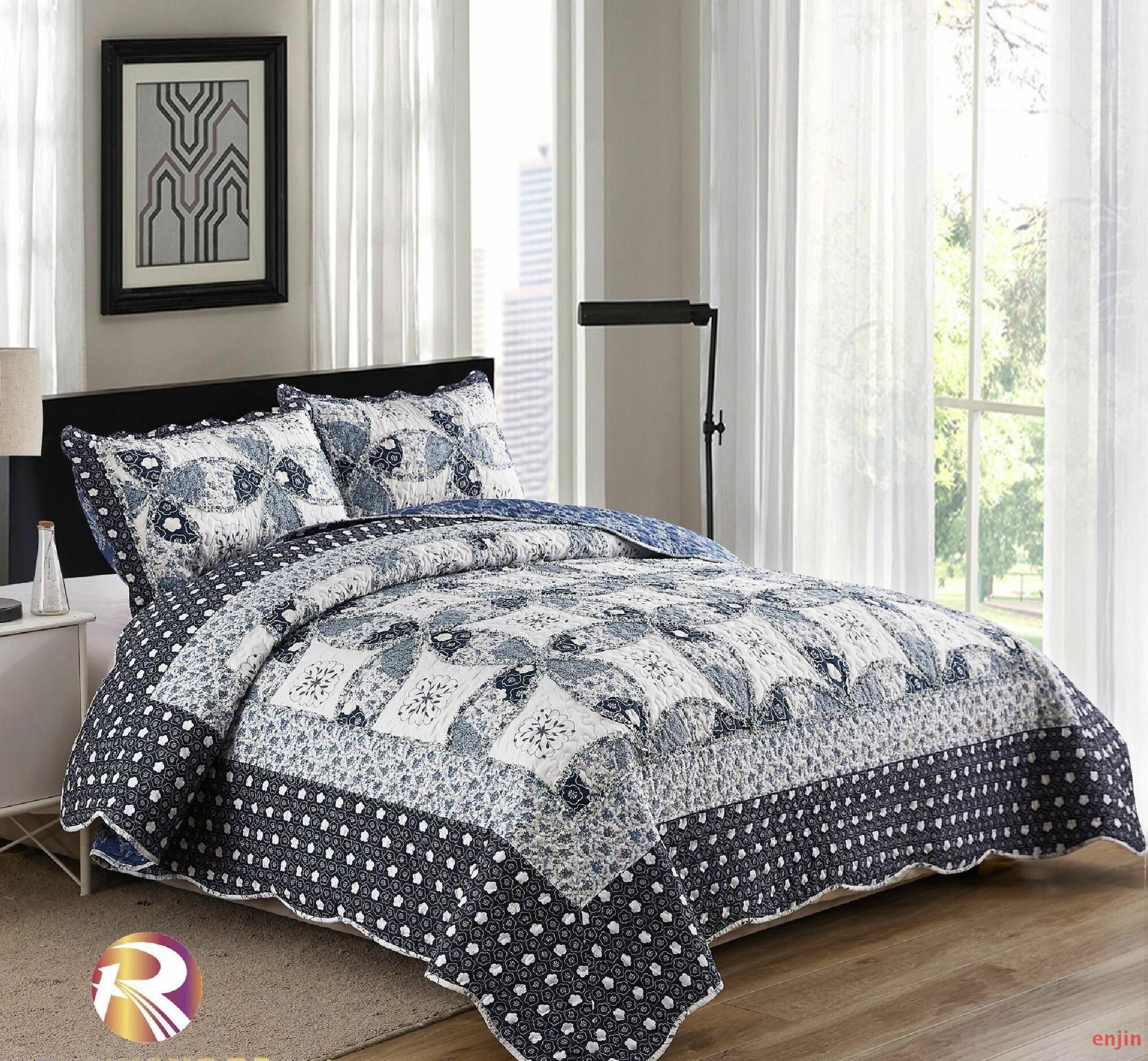 Покрывало с наволочками лоскутное пэчворк Зелено-Голубой 240х220 Patchwork-Egeland Домашнее прядение