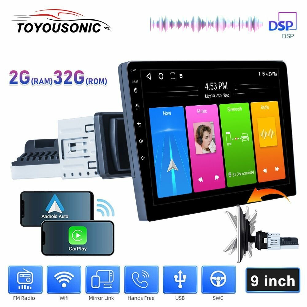 9 дюймовый автомобильный плеер Android 2+32 1din автомобильный аудио carplay, android auto, съемная панель,360 вращающийся, FM, WIFI