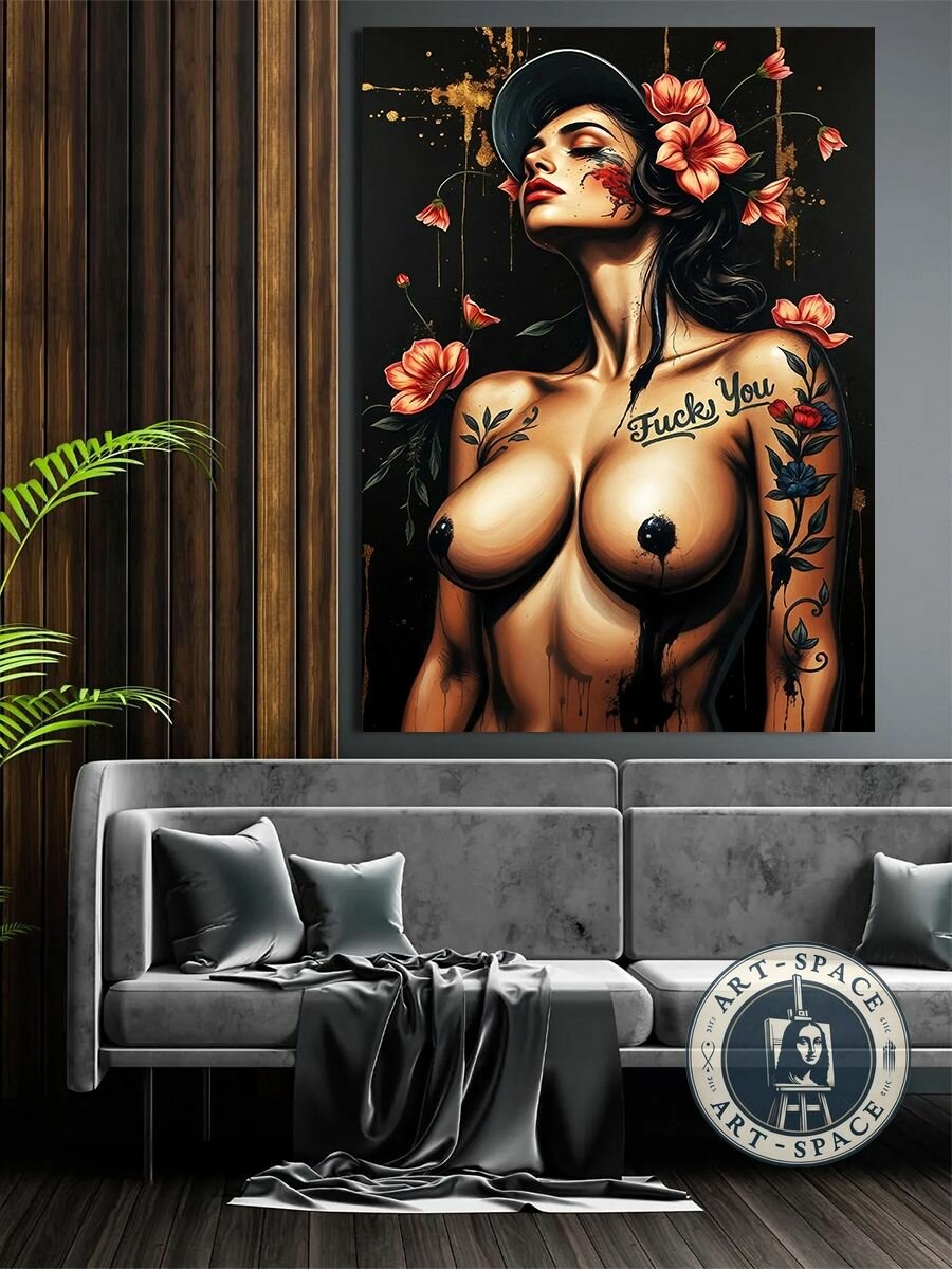 Картина интерьерная на стену для взрослых- "Голая девушка, мазки, женщина эротика 18+" , 60х80 см.