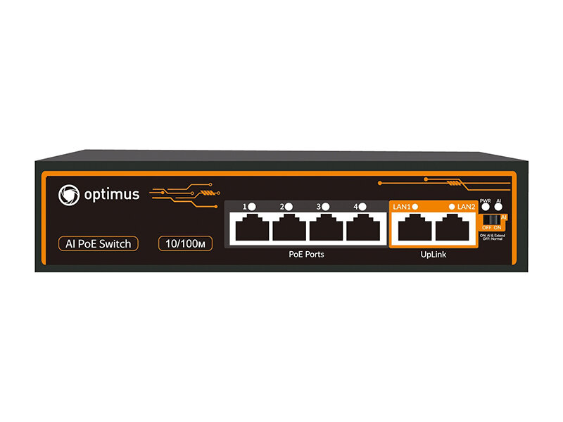 Коммутатор PoE Optimus U1I-4F/2F, неуправляемый, 2 LAN-порта, 4 PoE-порта