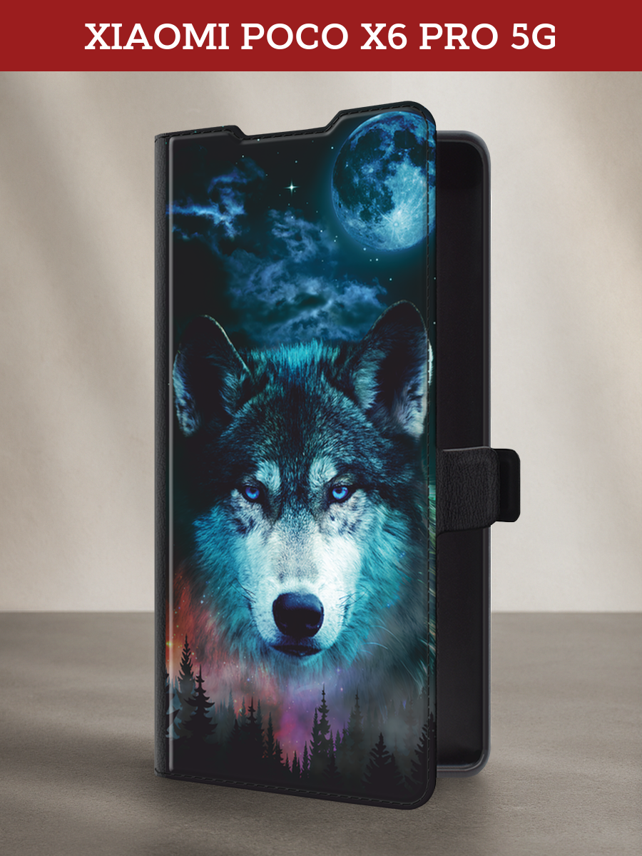 Чехол-книжка на Xiaomi Poco X6 PRO 5G / Поко X6 Про 5G с принтом Лунный волк, черный