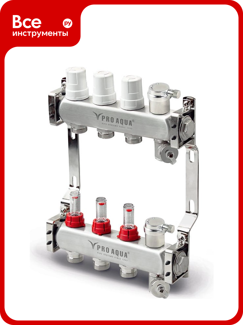 Коллекторный блок с расходомерами и автоматическими воздухоотводчиками PRO AQUA ШК 7 выходов, 430 V500MB. AV.07b для организации системы