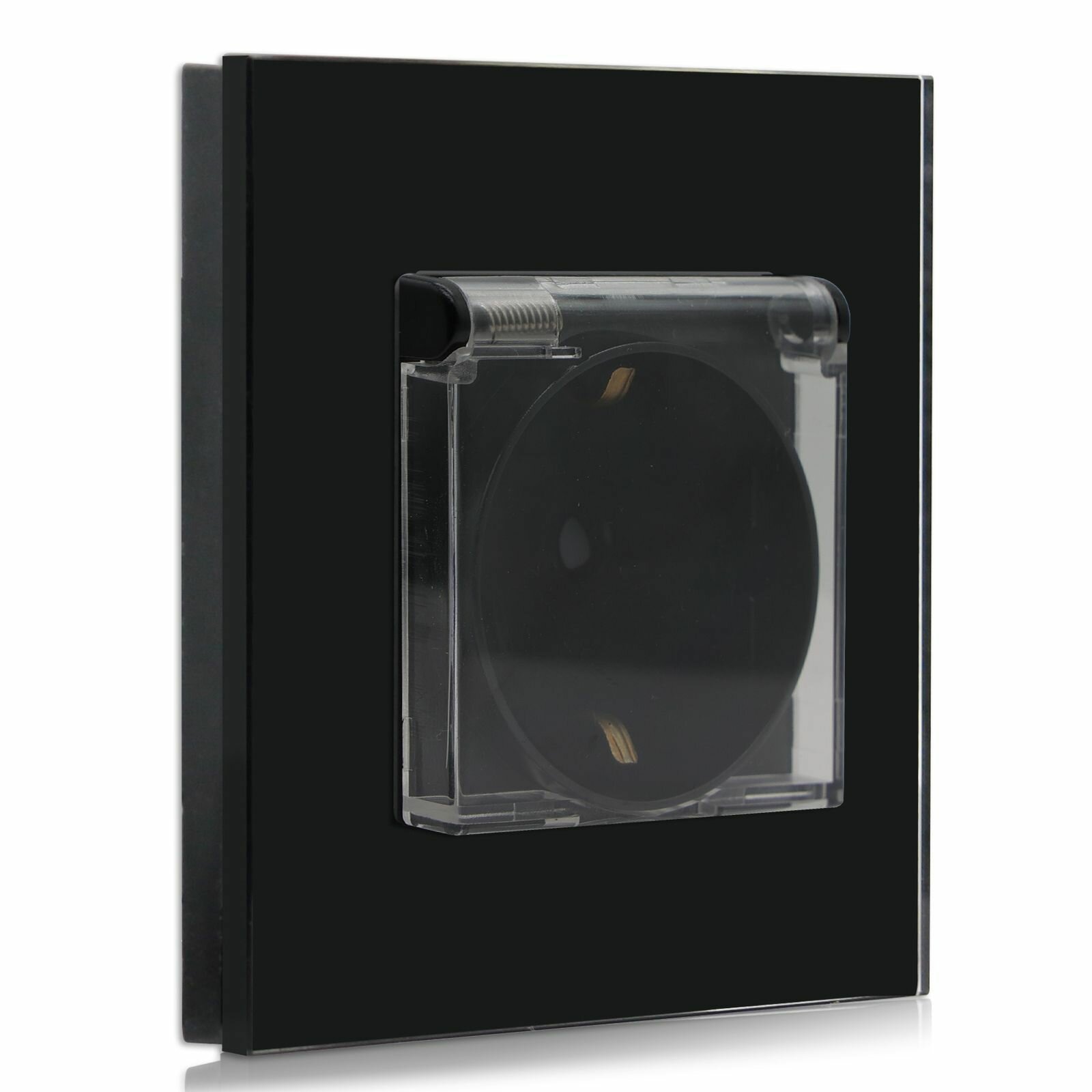 Розетка c крышкой влагозащищённая, 1 поста 16А 250В, рамка стекло Черная,86mm