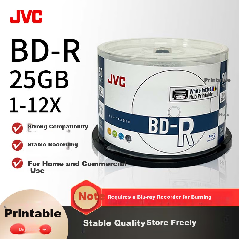 JVC / Victor BD-R Blu-ray Disc / Recordable Disc Archive Blu-ray Disc 1-6x Speed 25GB Disc High Capacity Disc Printable 50 Discs Spindle Pack