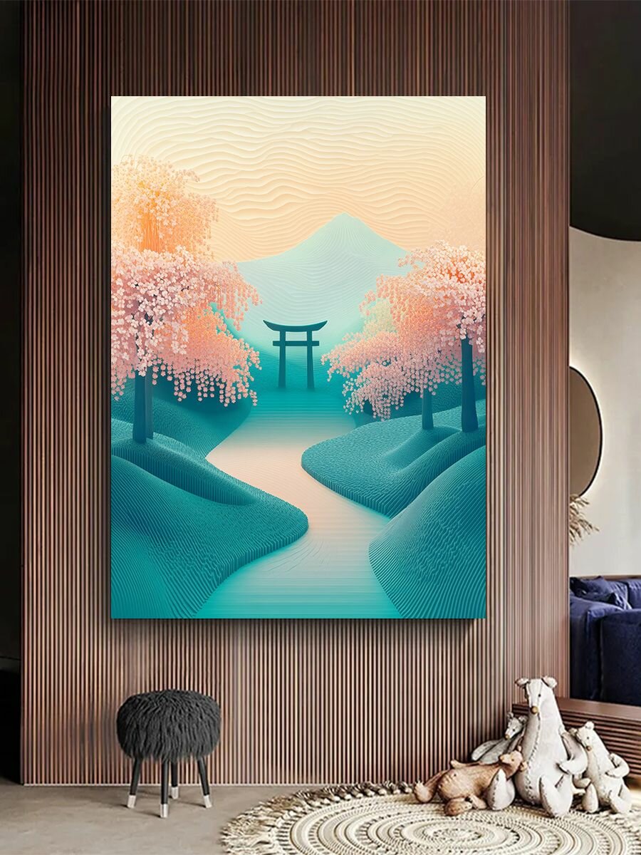 Картина интерьерная на стену - "Пейзаж в японском стиле / гора Фудзи и сакура" , 60х80 см.