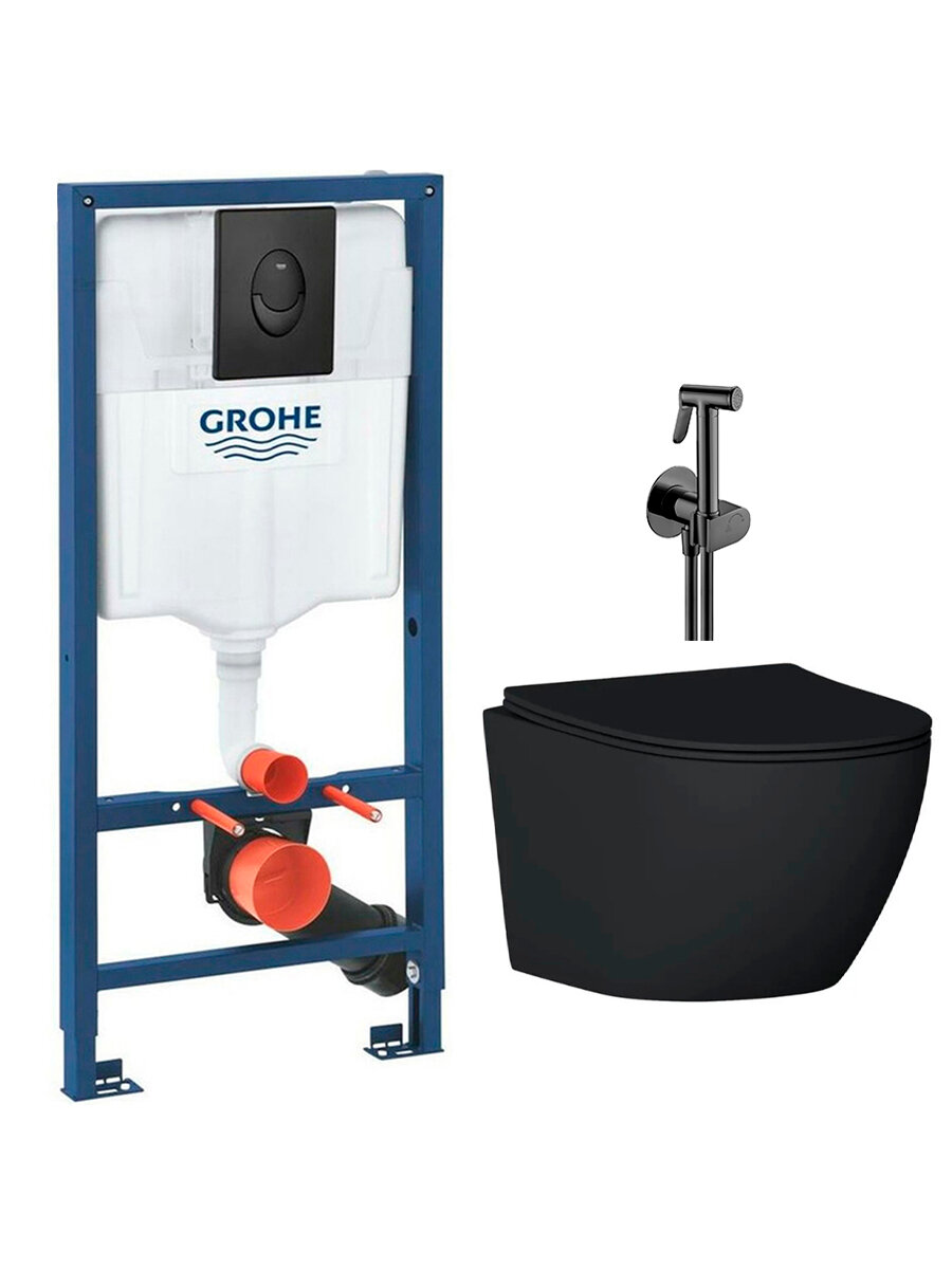 Инсталляция с унитазом и гигиеническим душем комплект: унитаз подвесной Helmken 35103001B, сиденье с микролифтом из дюропласта, инсталляция Grohe, кнопка смыва, гигиенический душ, черный