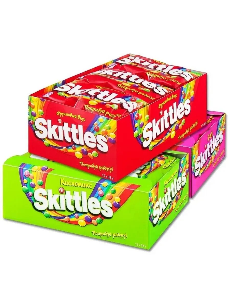 Жевательные драже "Skittles" ассорти, фруктовые вкусы, разноцветная глазурь, 36x38 гр