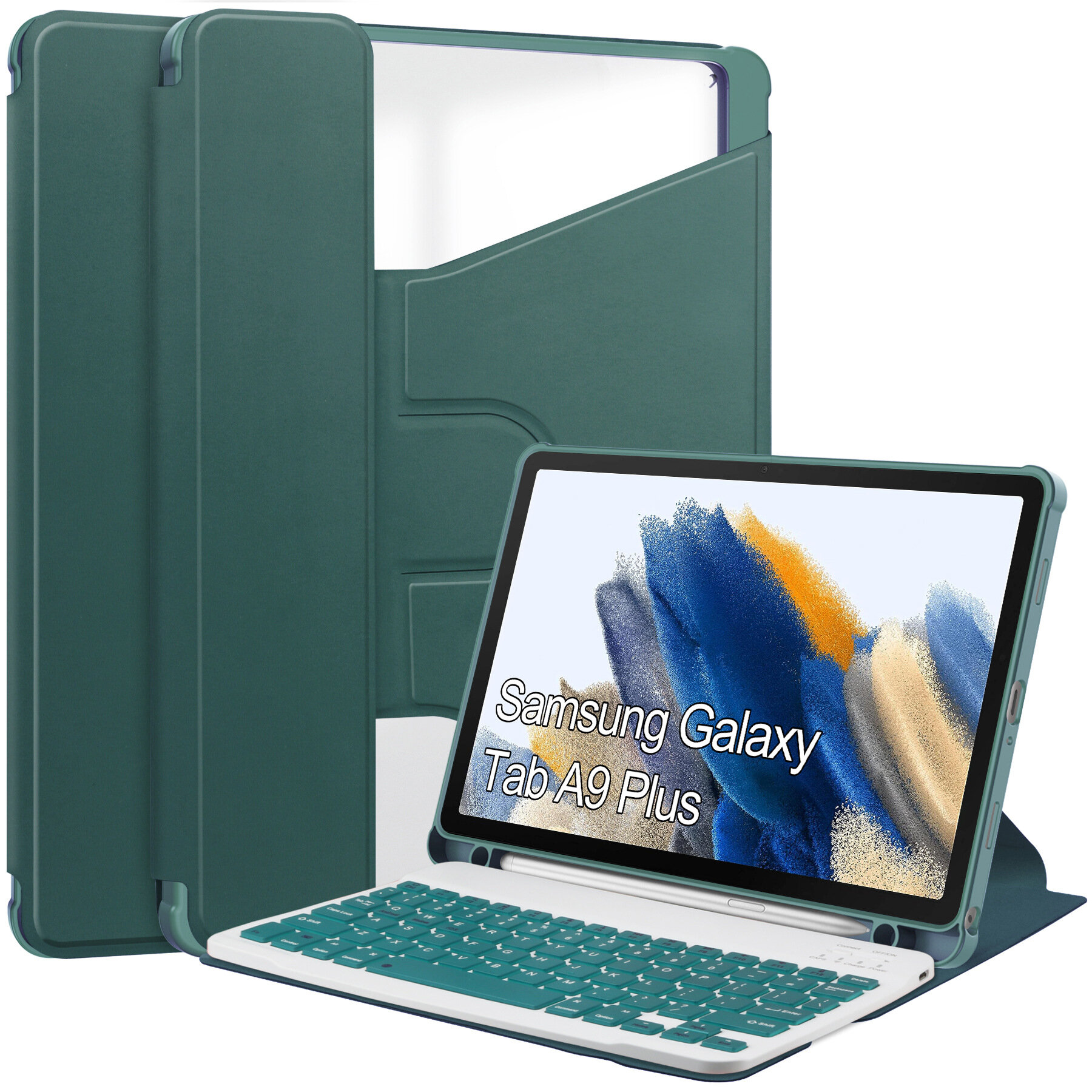 Чехол из эко-кожи с Bluetooth-клавиатурой съемной «MyPads Tasti Keyboard» для Samsung Galaxy Tab A9 Plus 11, зеленый MyPads