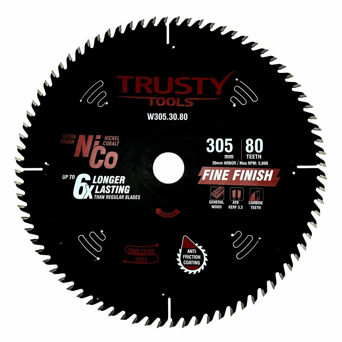 Пильный диск по дереву 305Х30 мм Z80 Trusty-Tools Fine Finish для торцовочной пилы тефлоновое покрытие