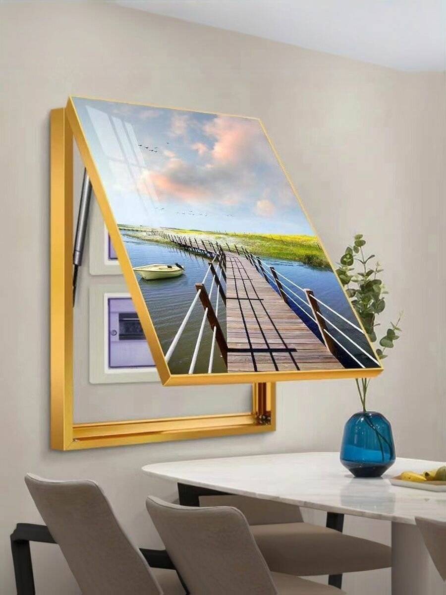 Декоративная картина для электрощита 50x60 см с гидравлической петлей и алюминиевой рамой (Золото/Черный) - Скрывает электрощит 40x50 см, без сверления, водонепроницаемая, для гостиной