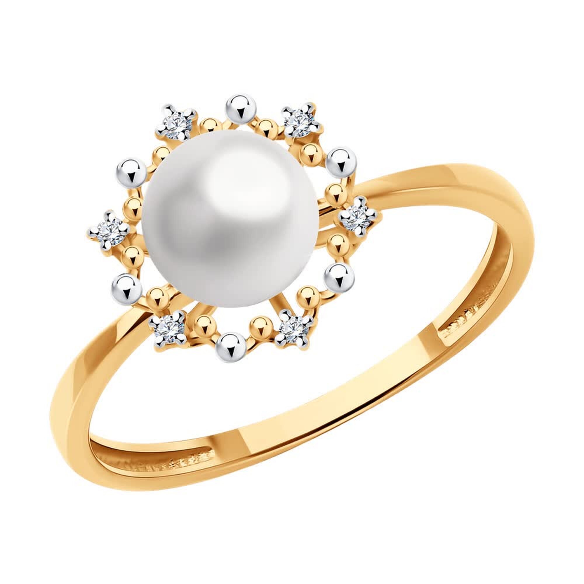 Кольцо, красное золото, 585 проба, жемчуг, бриллиант