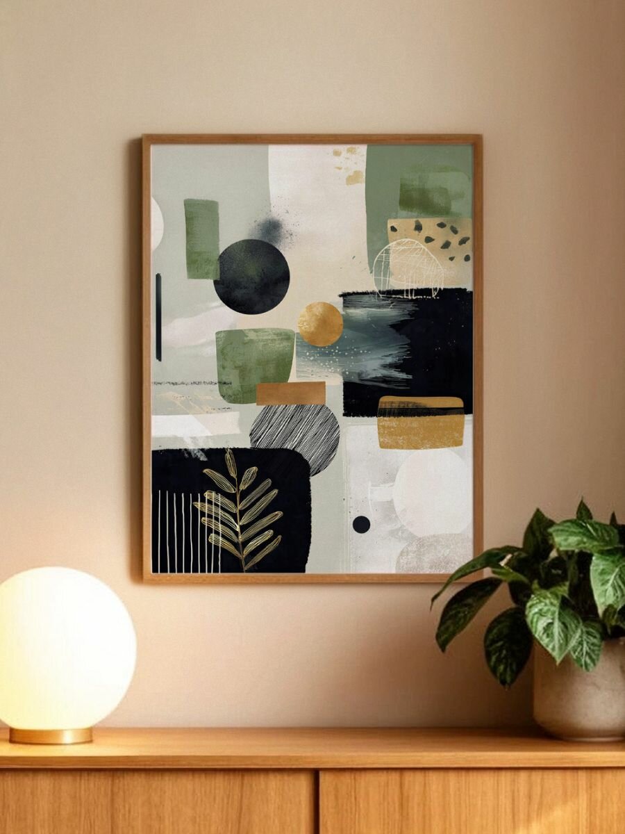 Постер на стену 30х40 см Абстракция 35, без рамы, абстрактная живопись для интерьера, зеленый постер на стену