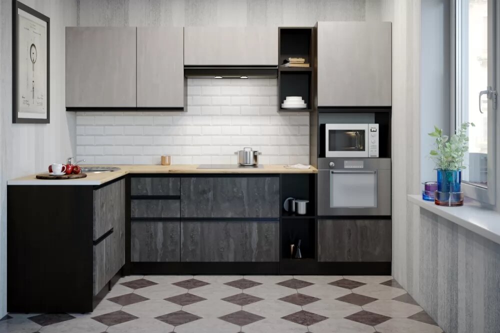 Кухонный гарнитур Герда Симфония мега прайм 1500х2700 мм, каркас ЛДСП, фасад ЛДСП, Венге/Бетон светлый/Бетон темный