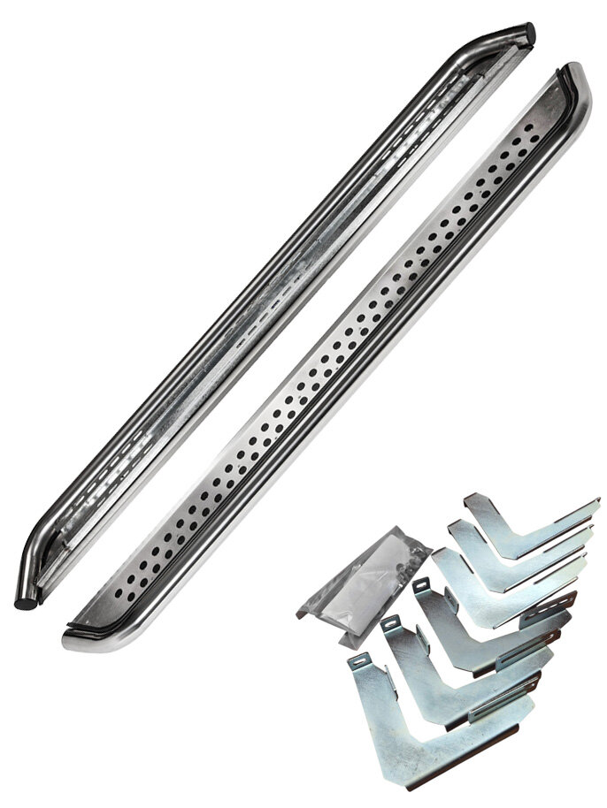 Пороги площадки нержавеющие с резиновыми точками для Mitsubishi Pajero Sport 2 (Митсубиси Паджеро Спорт 2) с креплениями, серебристые