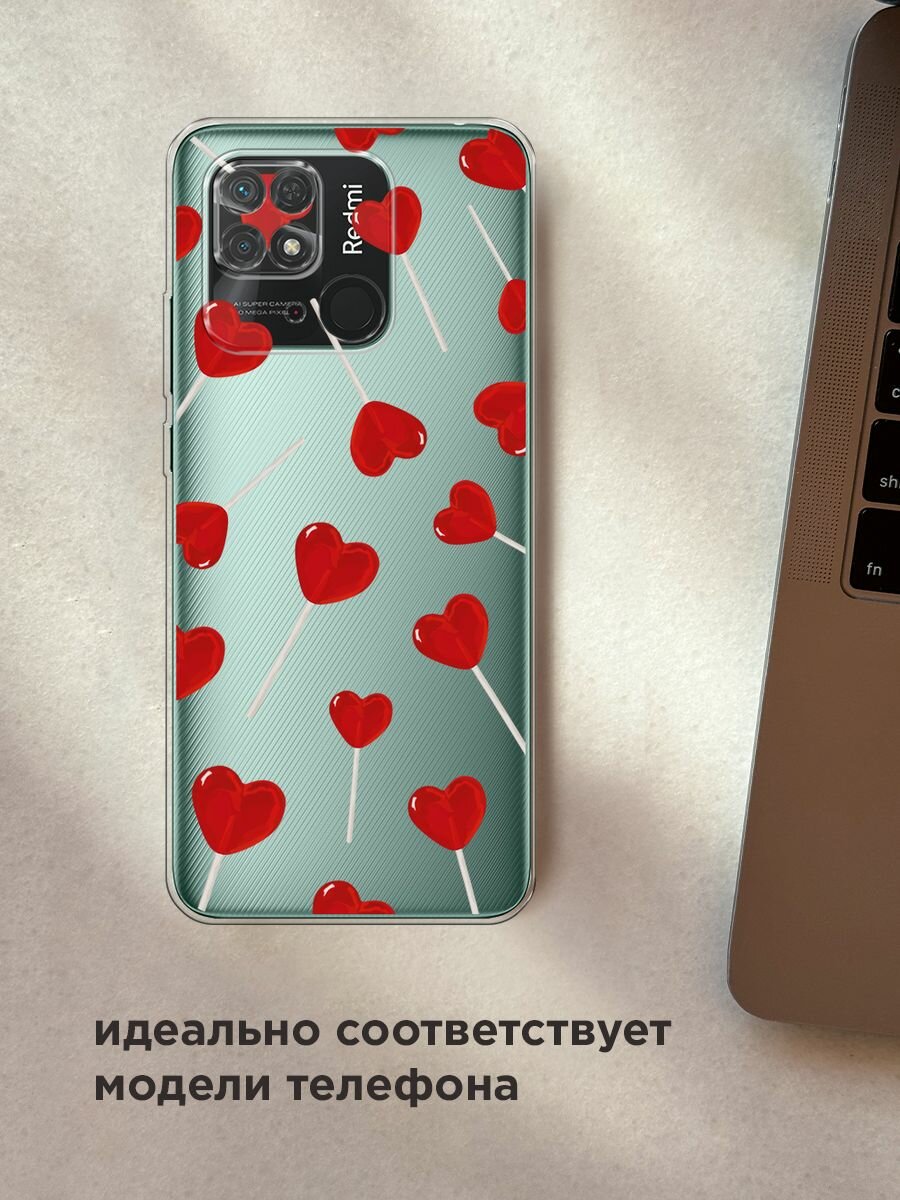 Чехол на Xiaomi Redmi 10C / Сяоми Редми 10C с принтом "Сердечки-леденцы 2 - 14 февраля", прозрачный — фото 1