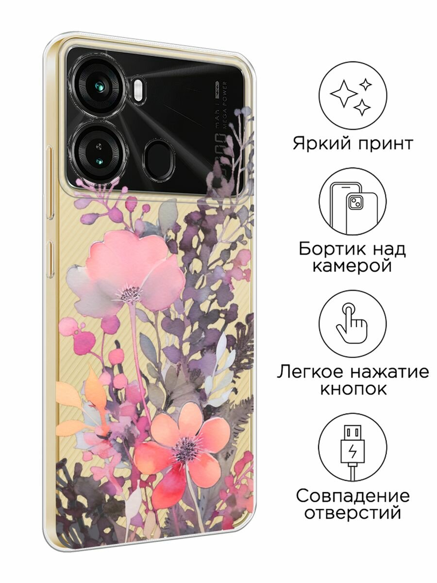 Чехол на Itel P40 / Ител P40 с принтом "Лиловые полевые цветы", прозрачный — фото 1