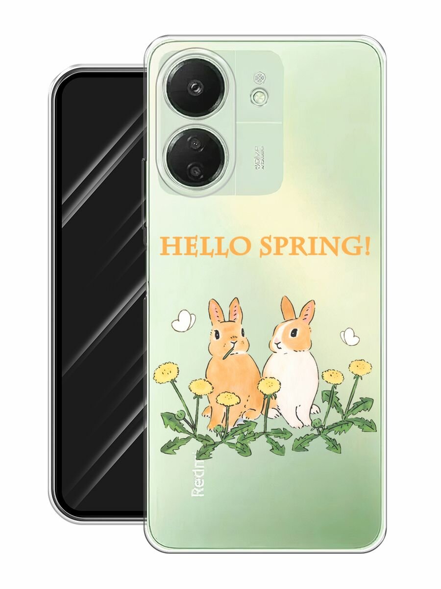 Чехол на Xiaomi Redmi 13C/Poco C65 / Сяоми Редми 13C/Поко С65 с принтом "Весенние кролики", прозрачный — фото 1