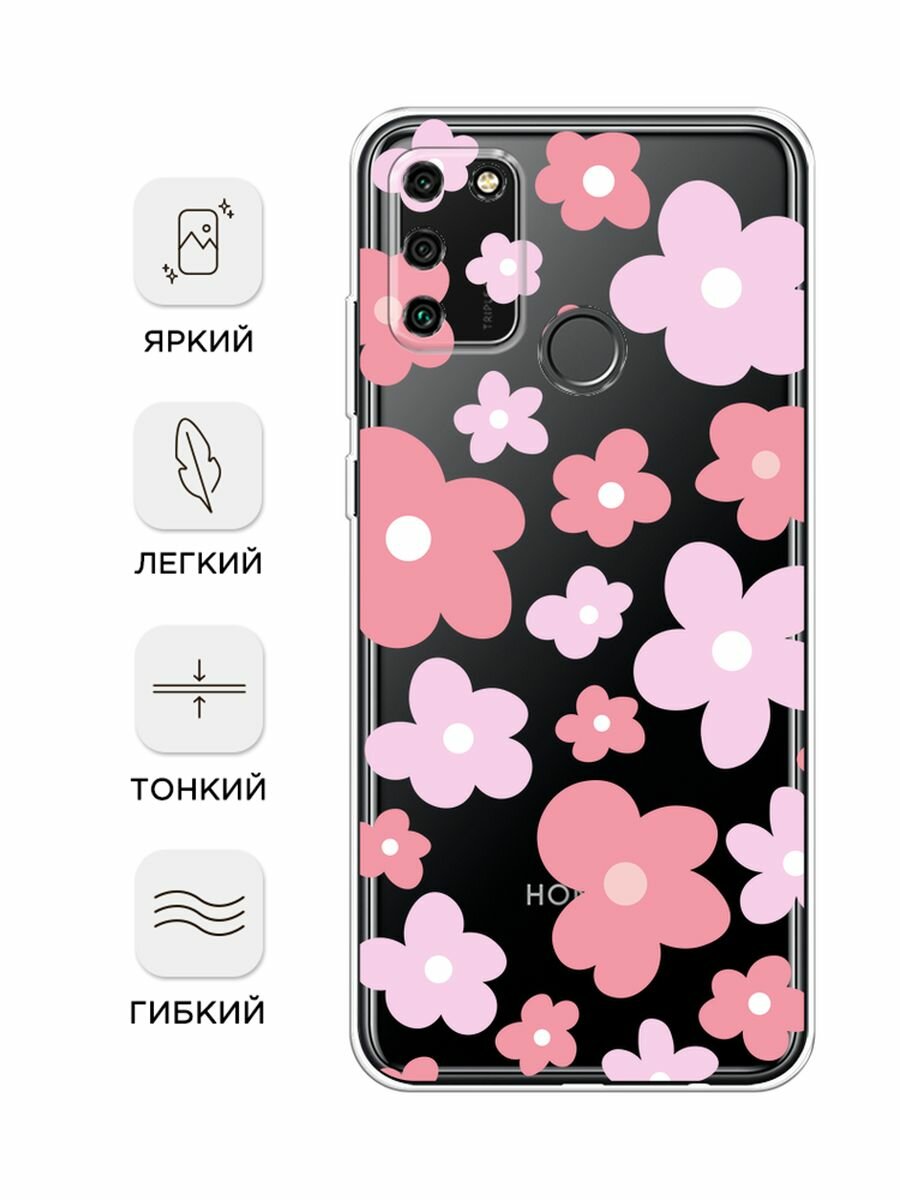 Чехол на Honor 9A / Хонор 9А с принтом "Нежные розовые цветочки рисунок", прозрачный — фото 1