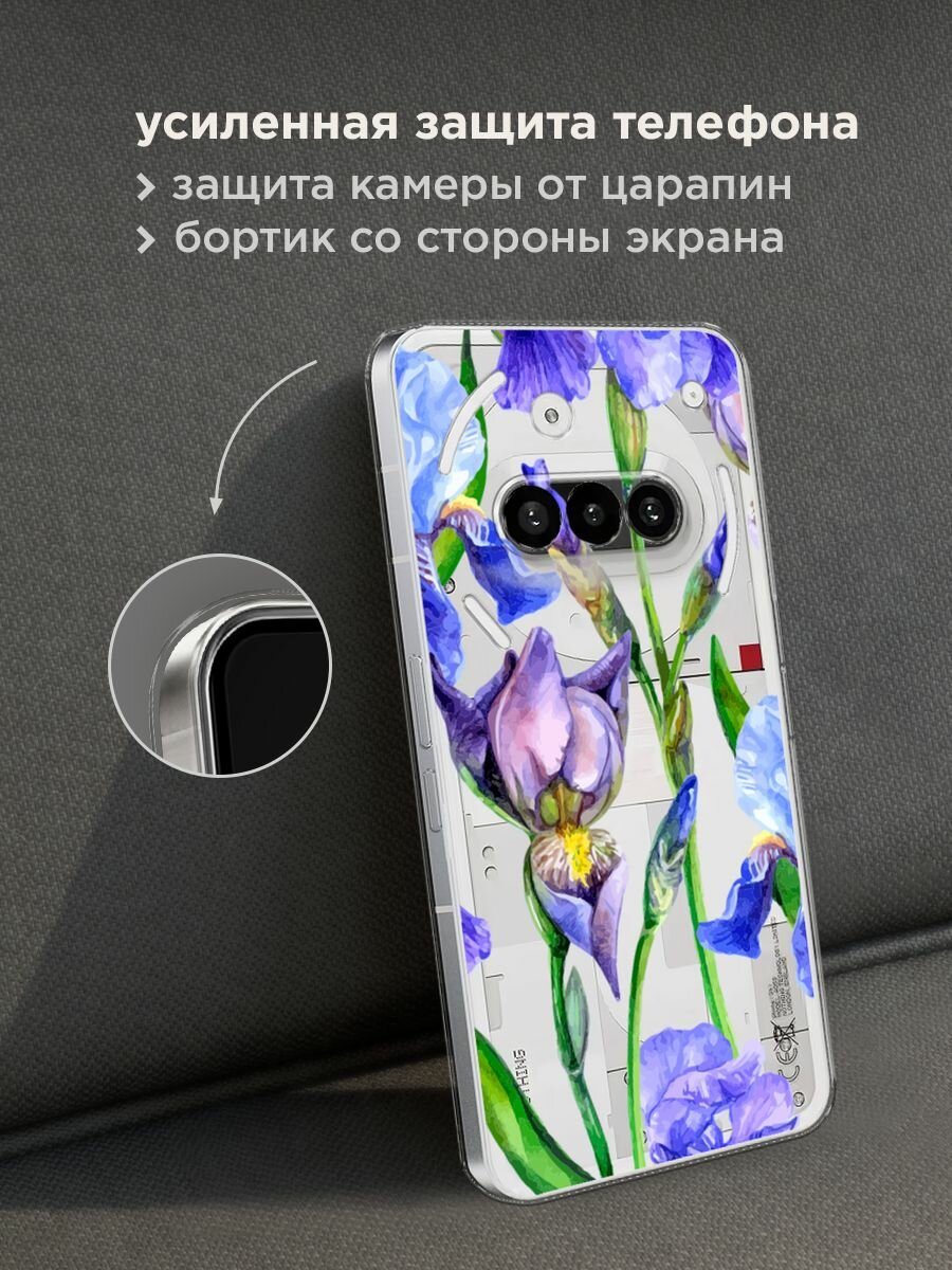 Чехол на Nothing Phone 3a / Нотинг Фон 3а с принтом "Синие ирисы", прозрачный — фото 1