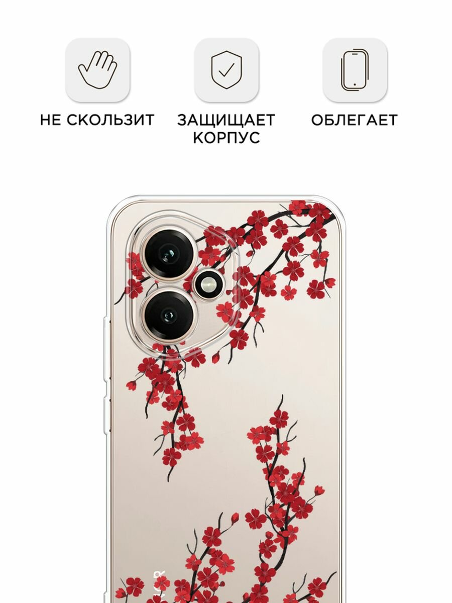 Чехол на Honor 400 / Хонор 400 с принтом "Красная сакура", прозрачный — фото 1