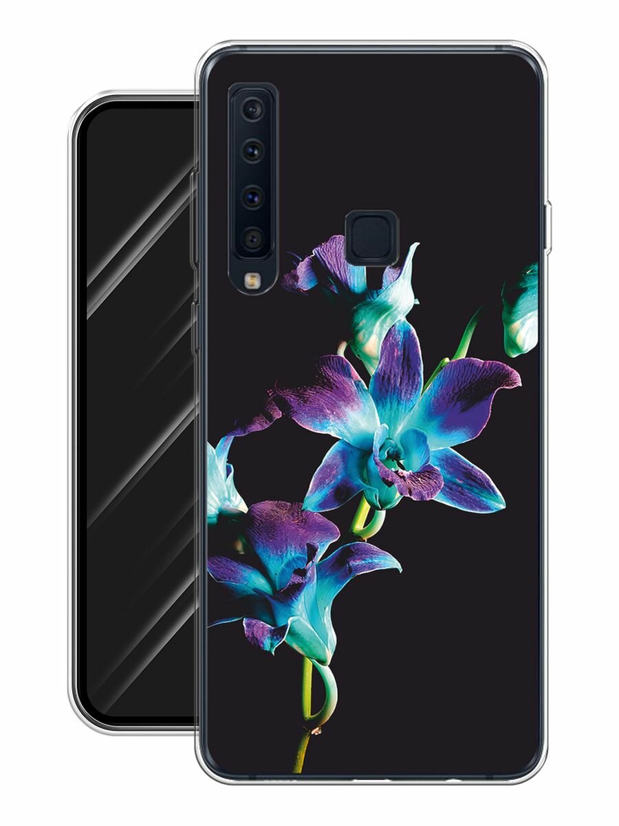 Чехол на Samsung Galaxy A9 2018 / Самсунг Галакси А9 2018 с принтом "Синий цветок на черном" — фото 1
