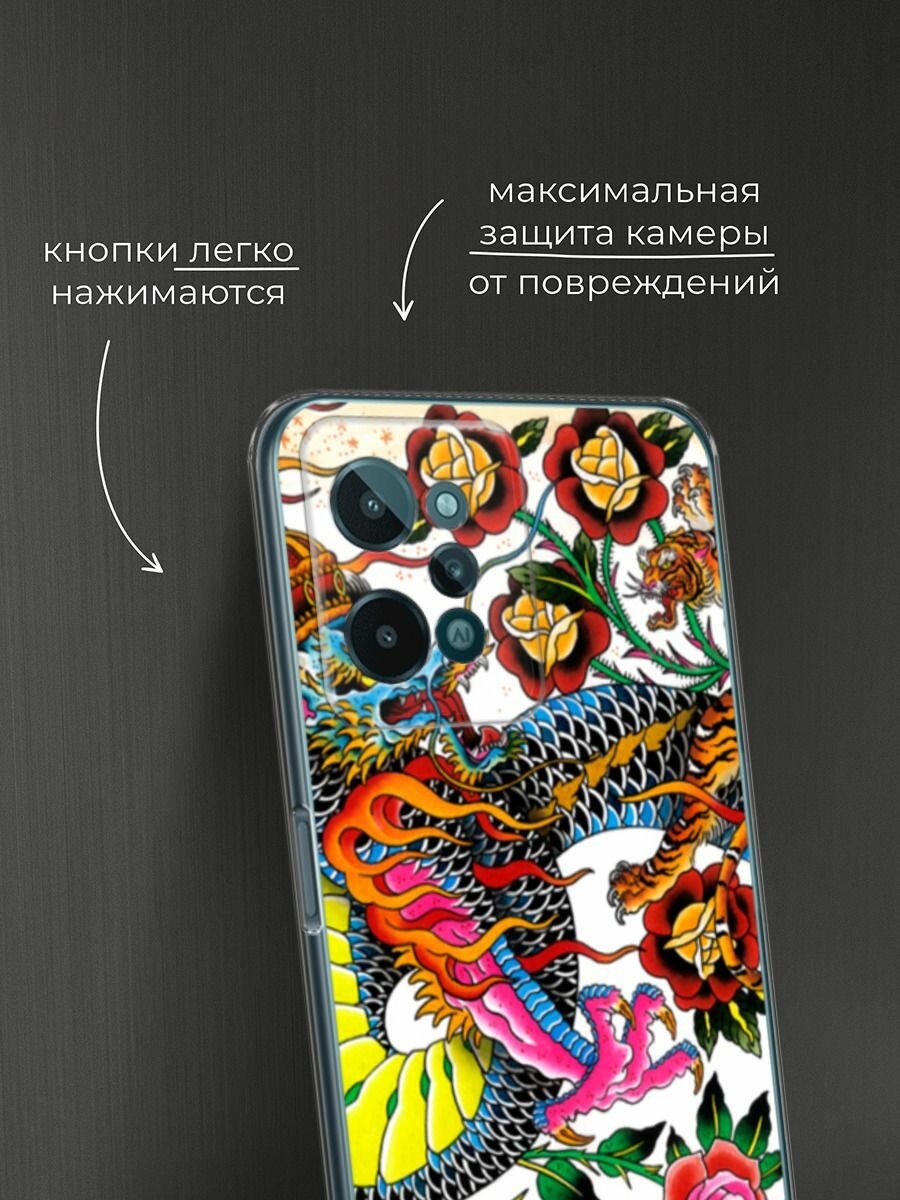 Чехол на Realme C31 / Реалми C31 с принтом "Дракон в цветах" — фото 1